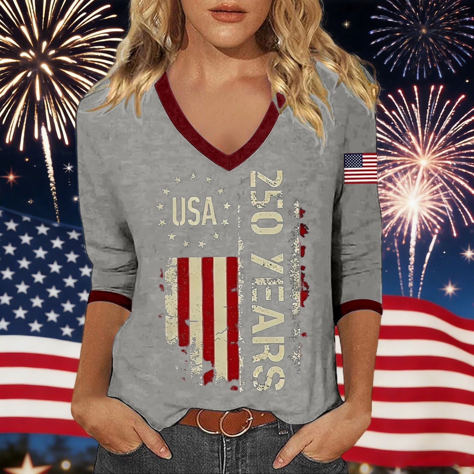 250 Anniversary USA Merchandise Women 3/4 Sleeve V Neck Patriotic ...