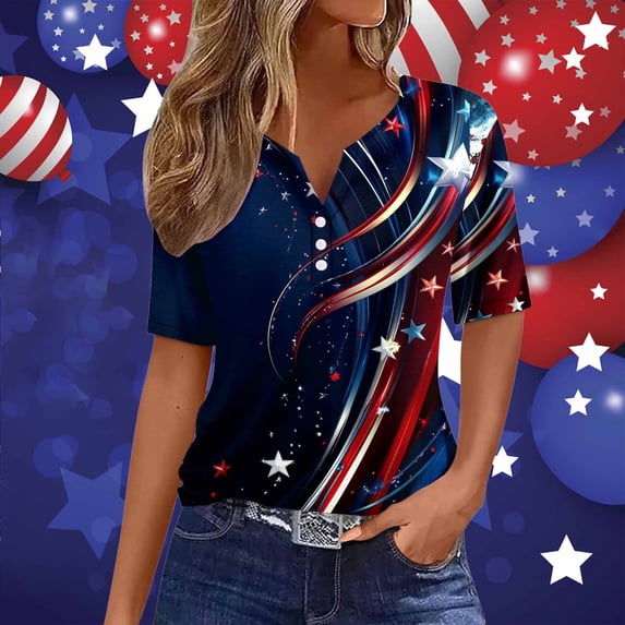 250 Anniversary USA Merchandise Women Half Sleeve V Neck Button Front ...