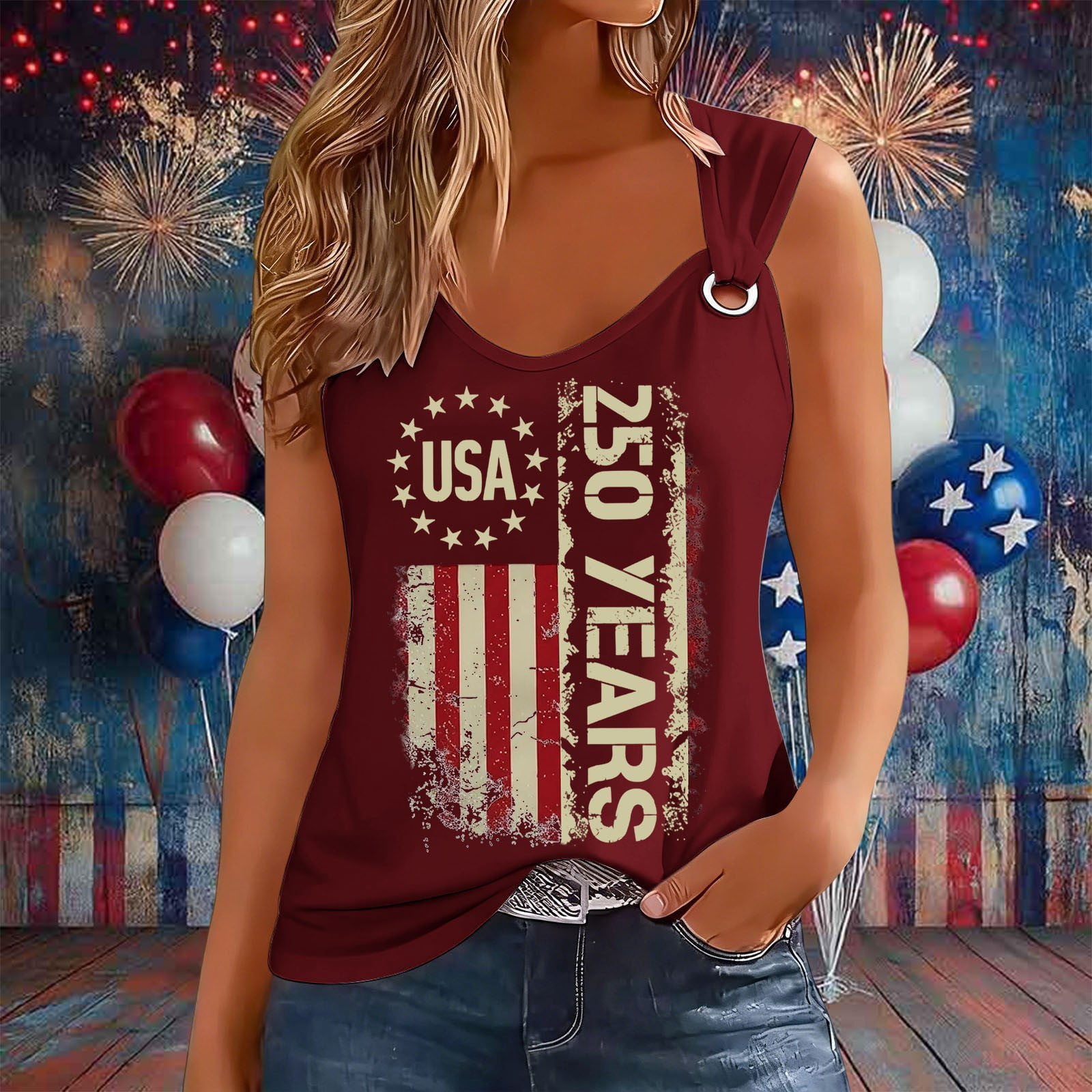 250 Anniversary USA Merchandise Women Sleeveless Independence Day Print ...