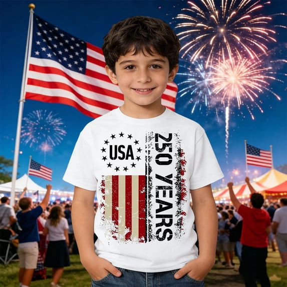 250 Anniversary USA Shirt Boys Short Sleeve Crewneck Patriotic Graphic ...