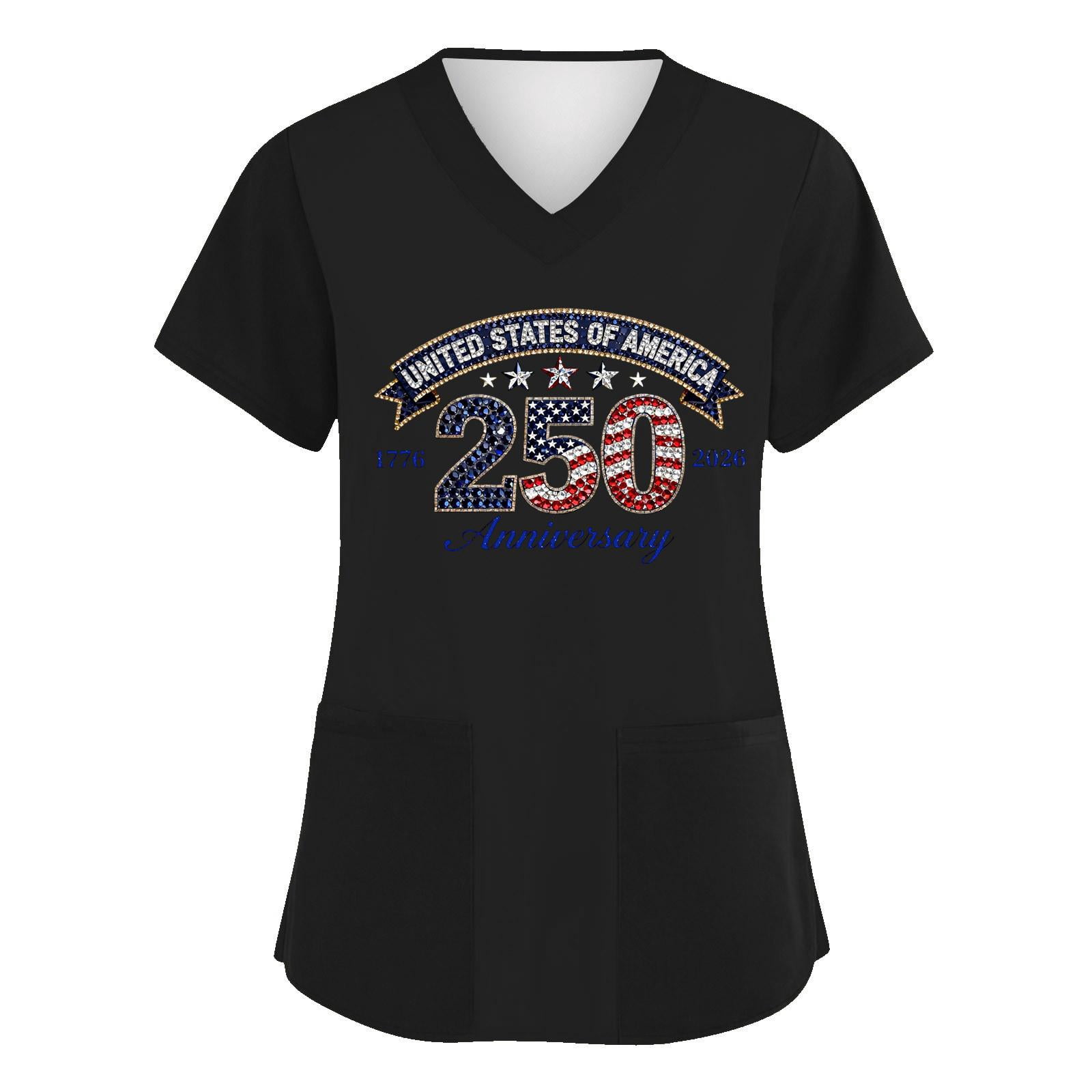 250 Anniversary Usa Scrub Shirt Women Letter Print Patriotic V Neck Shirts Short Sleeve Moisture ...