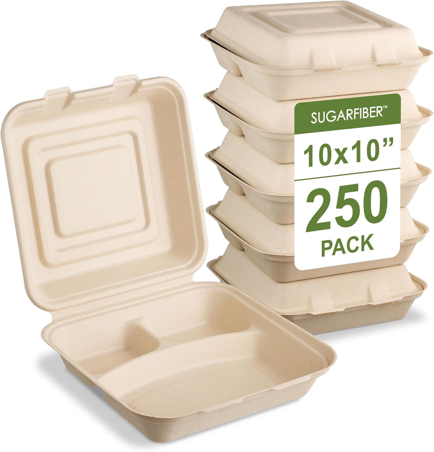[250 COUNT]Sugarfiber by Harvest Pack 10 X 10" Compostable Clamshell ...