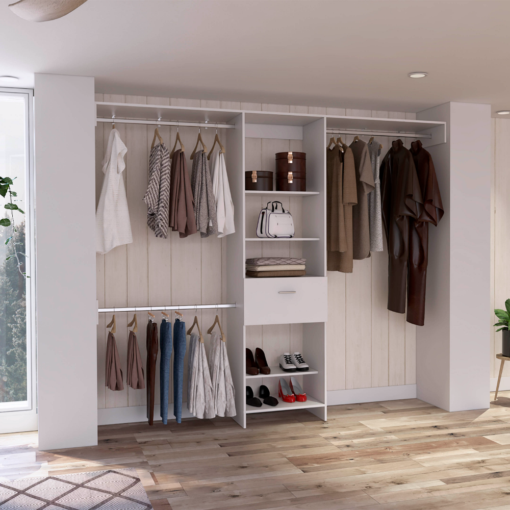 250 Closet System British, One Drawer, Three Metal Rods, White Finish ...