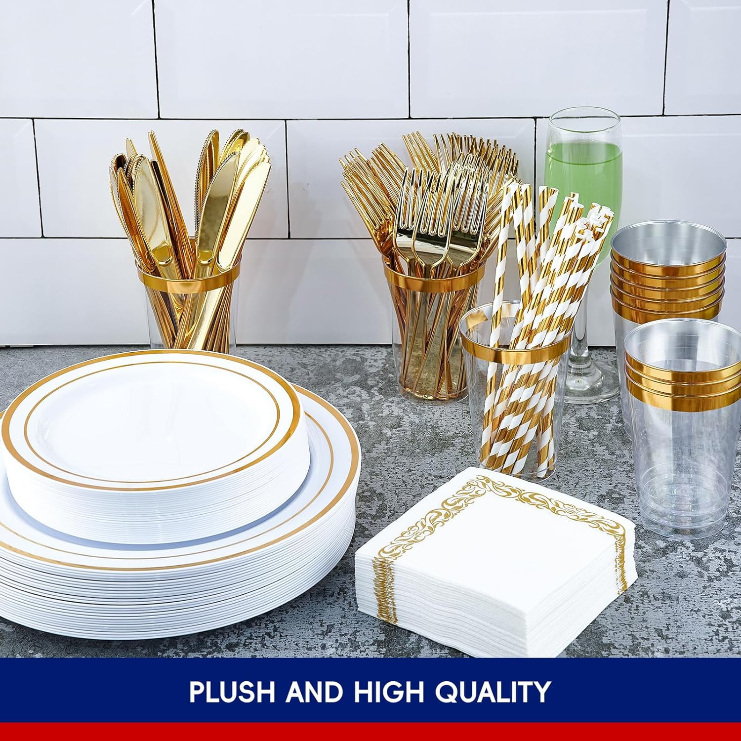 250 Count Gold Disposable Plastic Dinnerware Set, 50 Gold Plastic ...