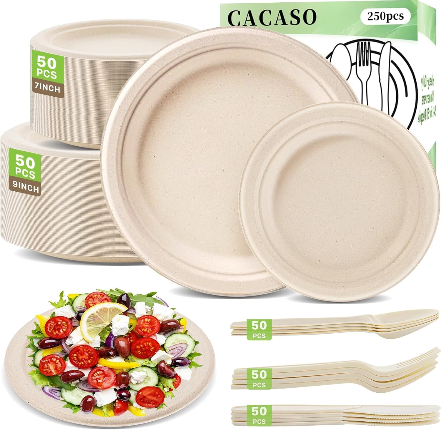 250 PCS Compostable Paper Plates Set,Heavy Duty Disposable Paper Plates ...