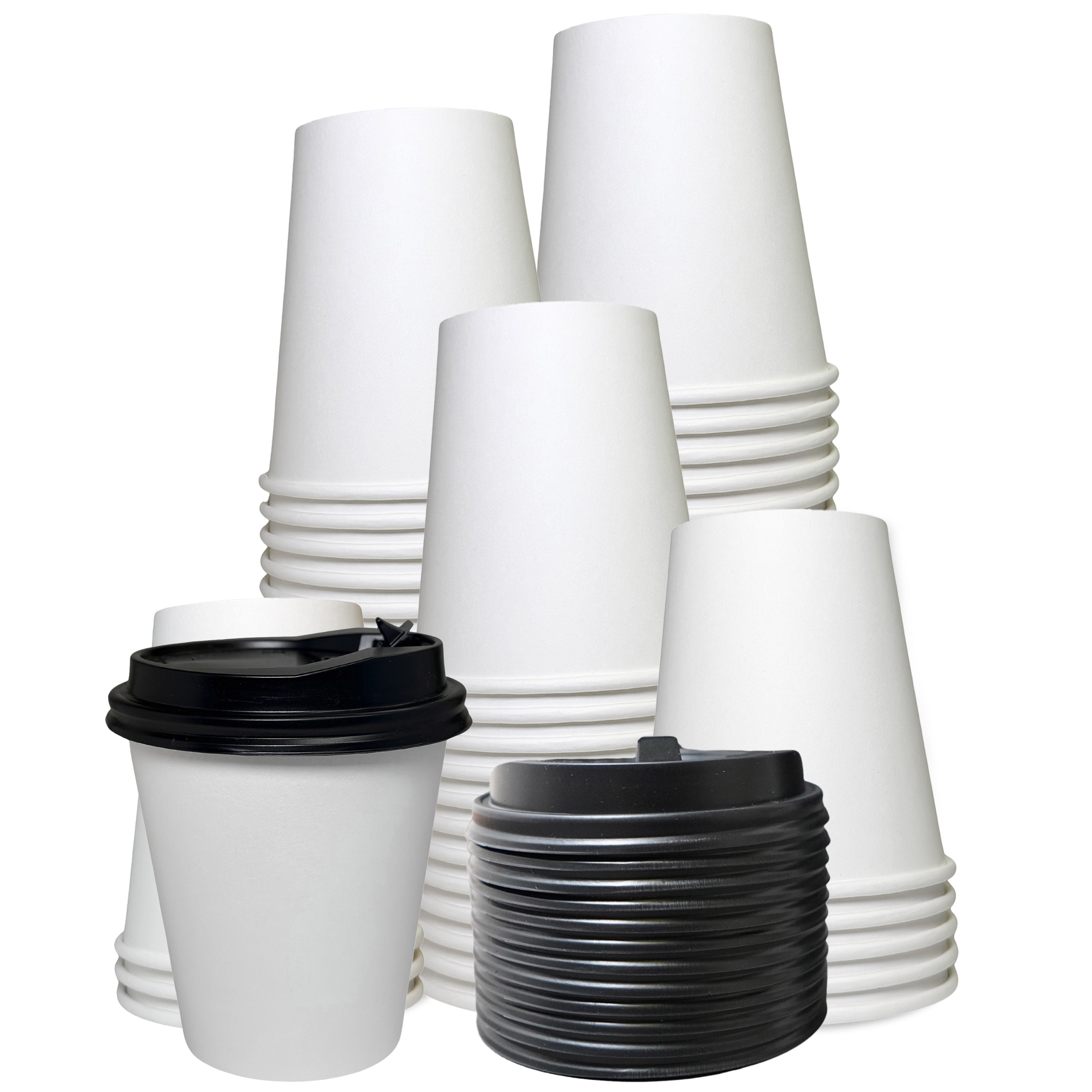 [250 Pack] 12oz Disposable White Paper Coffee Cups with Black Dome Lids ...
