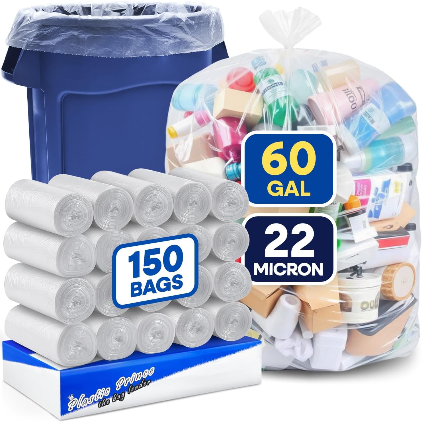 250 Pack 45 Gallon Clear Trash Bags, 12 Micron 40”W × 48”L Garbage Can ...