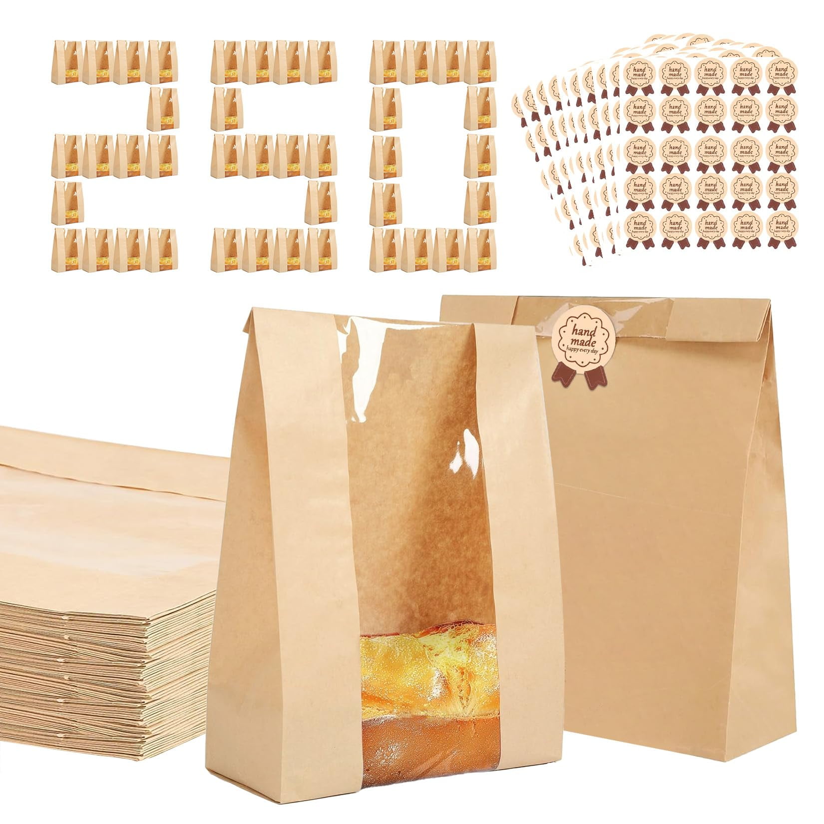 250-Pack Bakery Bags with Window & Thank You Stickers,13.7x8.2x3.5 Inch ...