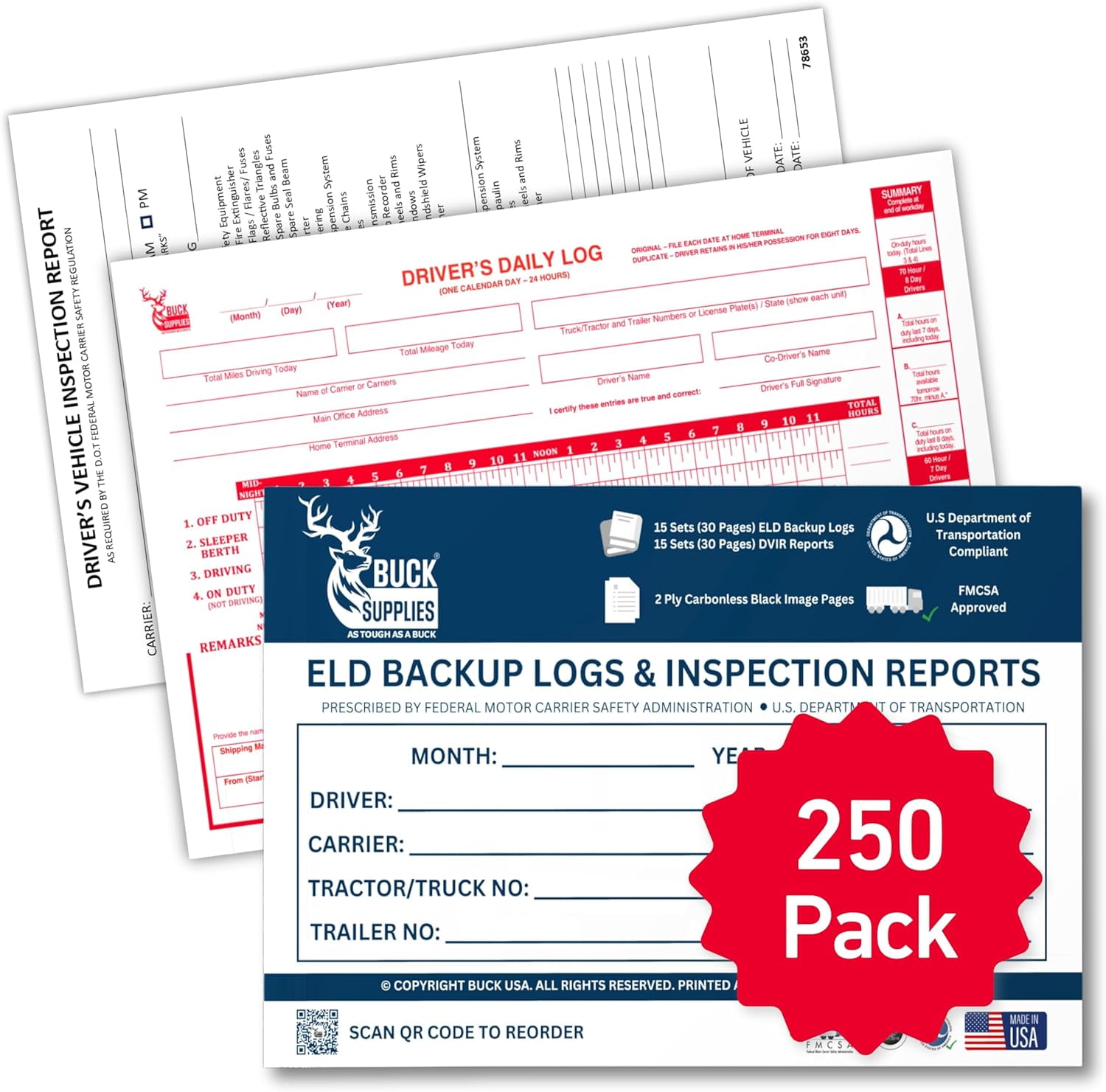 250 Pack Buck ELD Backup Driver Log Book with Detailed Driver Vehicle ...