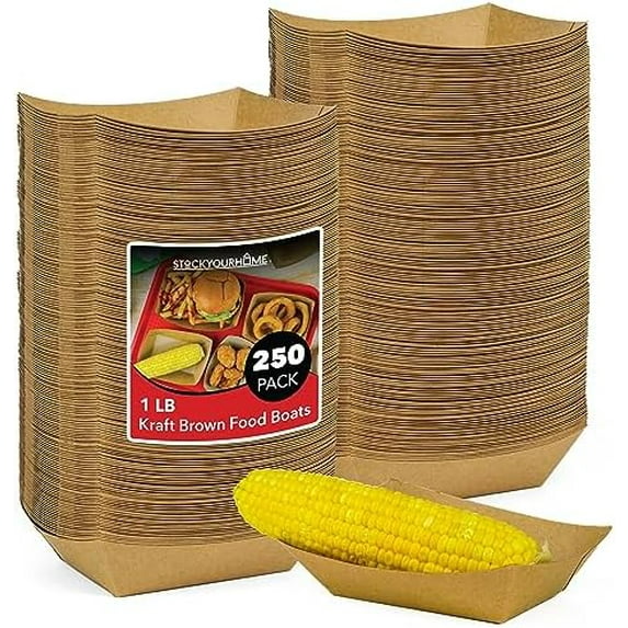 [250 Pack] Medium Disposable Brown Kraft Paper Food Trays, 1-Lb Concession Tray, Serving Boats ...