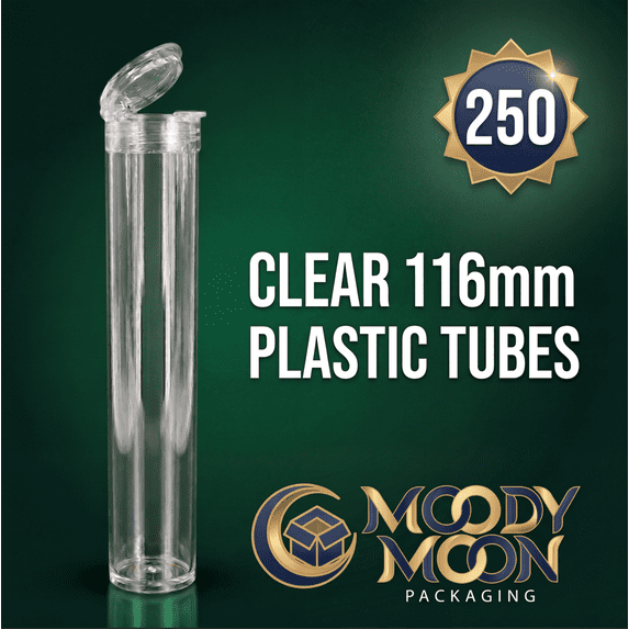 250 Pack Moody Moon Tubes Clear King Size (116mm)- Plastic Pop Top ...