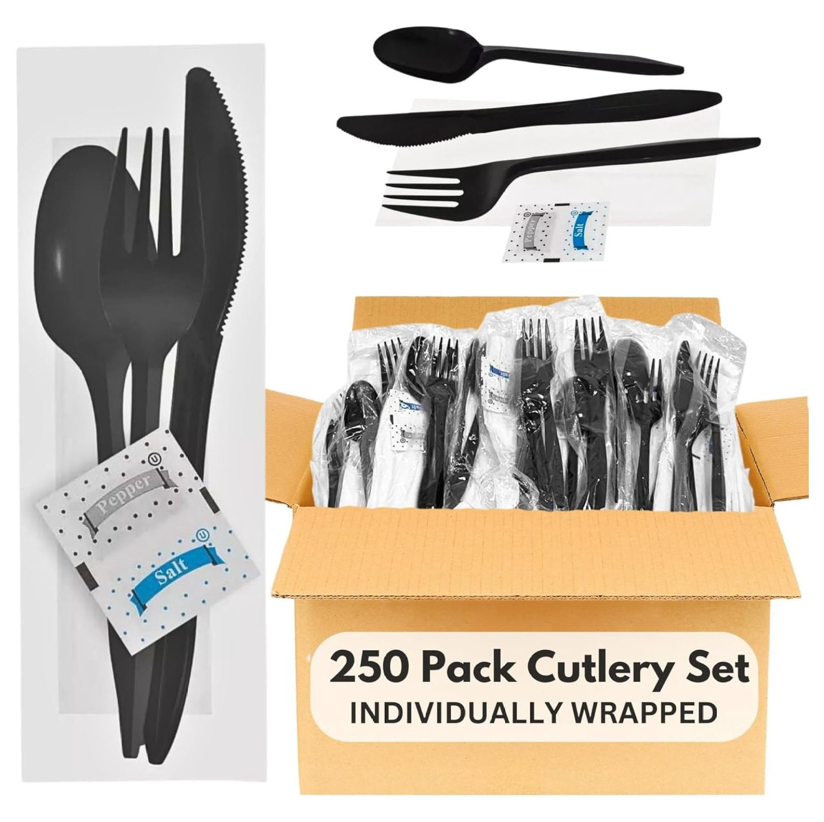 250-Pack Plastic Cutlery Set - Fork, Spoon, Knife, Napkin, & Salt ...