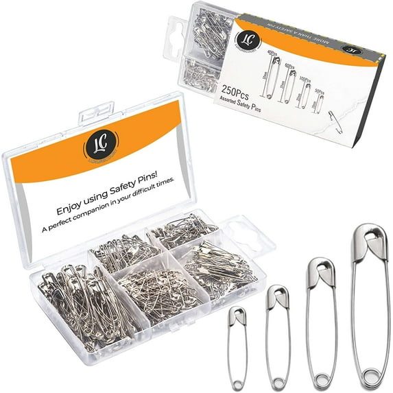 250 Pack Safety Pins by 4 Assorted Sizes of Durable Silver Small and ...