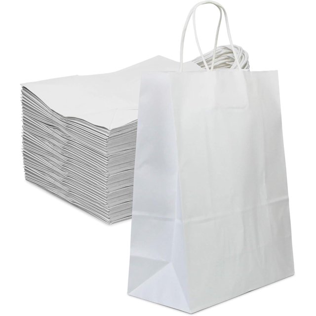 250 Pack White Paper Bags with Handles 13 x 10 x 5Inch 12 LB Twisted ...