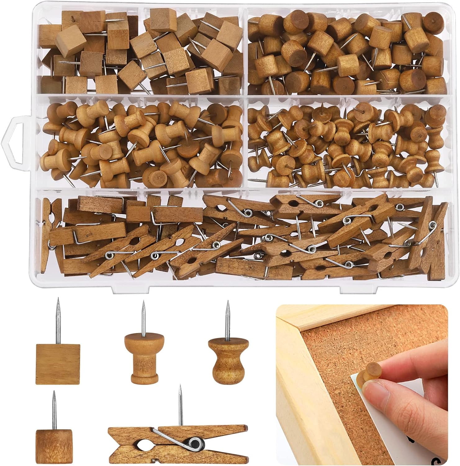 250 Pcs 5 Type Push Pins Set Wooden Steel Point Thumb Tacks Pushpins ...