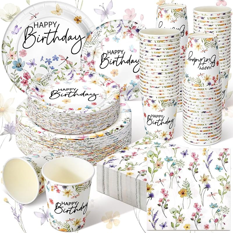 250 Pcs Floral Birthday Plates and Napkins Set Spring Wildflower Party ...