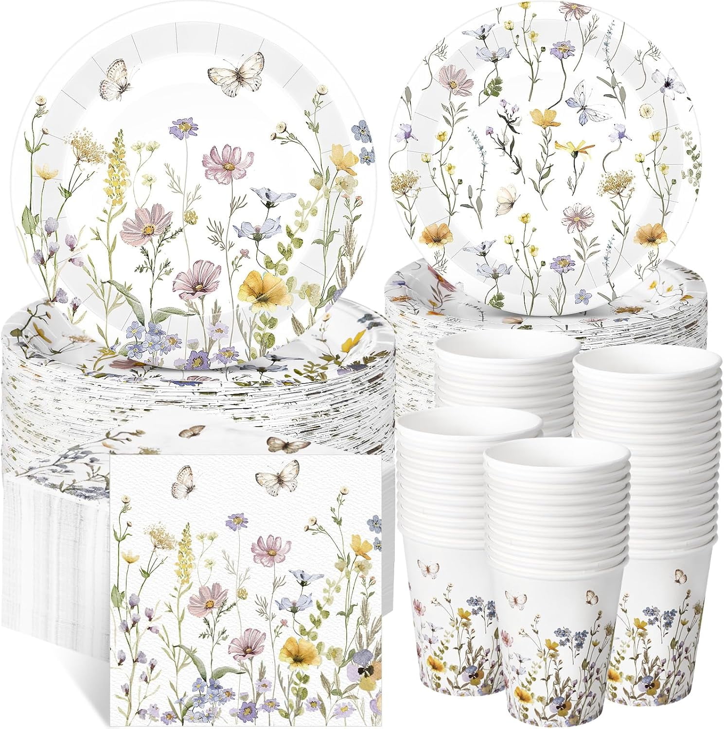 250 Pcs Floral Disposable Tableware Set Spring Floral Paper Cups Plates ...