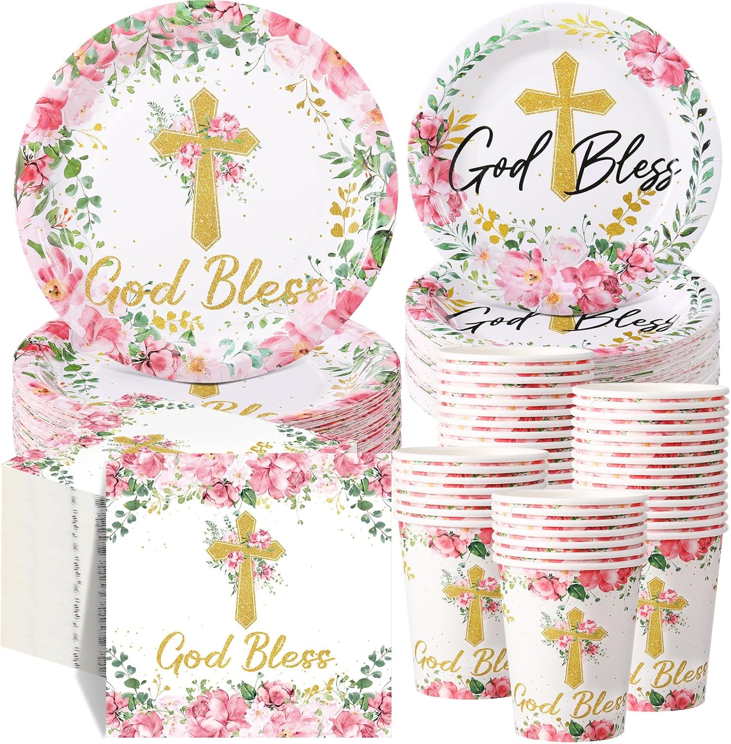 250 Pcs Pink Baptism Cross Disposable Tableware Set First Holy ...