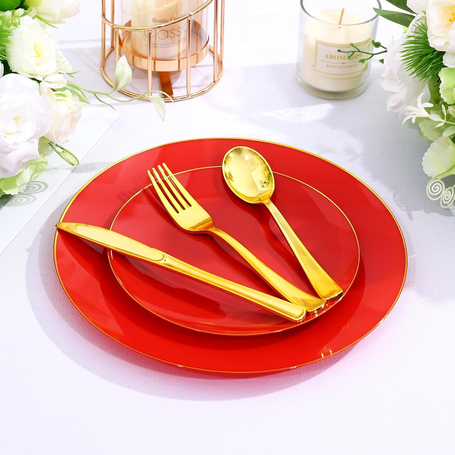 250 Pcs Red Plastic Plates - Disposable Red Gold Dinnerware Set for 50 ...