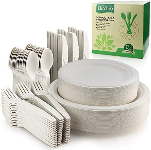 250 Piece Biodegradable Paper Plates Set (EXTRA LONG UTENSILS ...