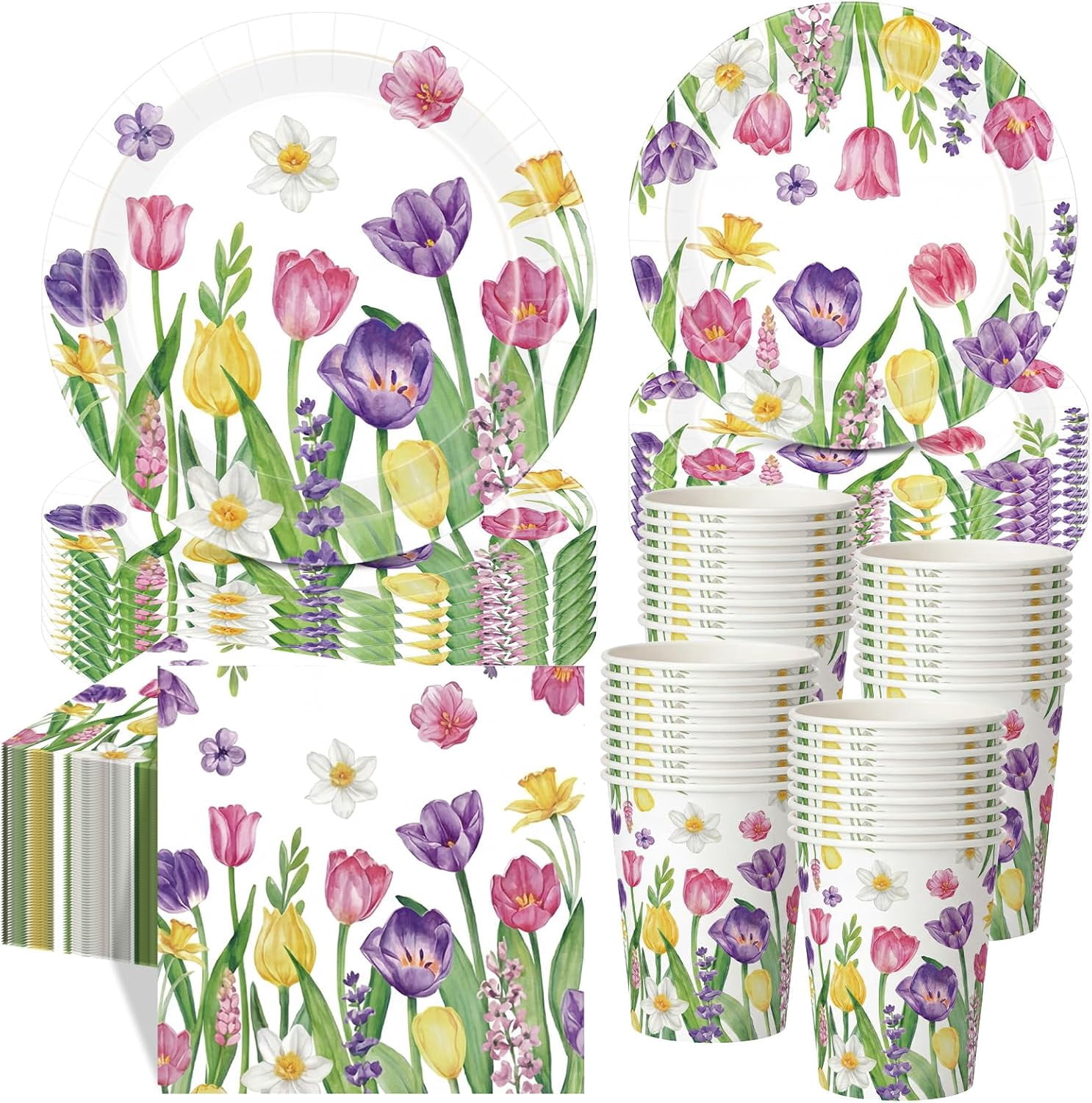 250-Piece Purple and Pink Tulip Floral Paper Plates, Cups, and Napkins ...