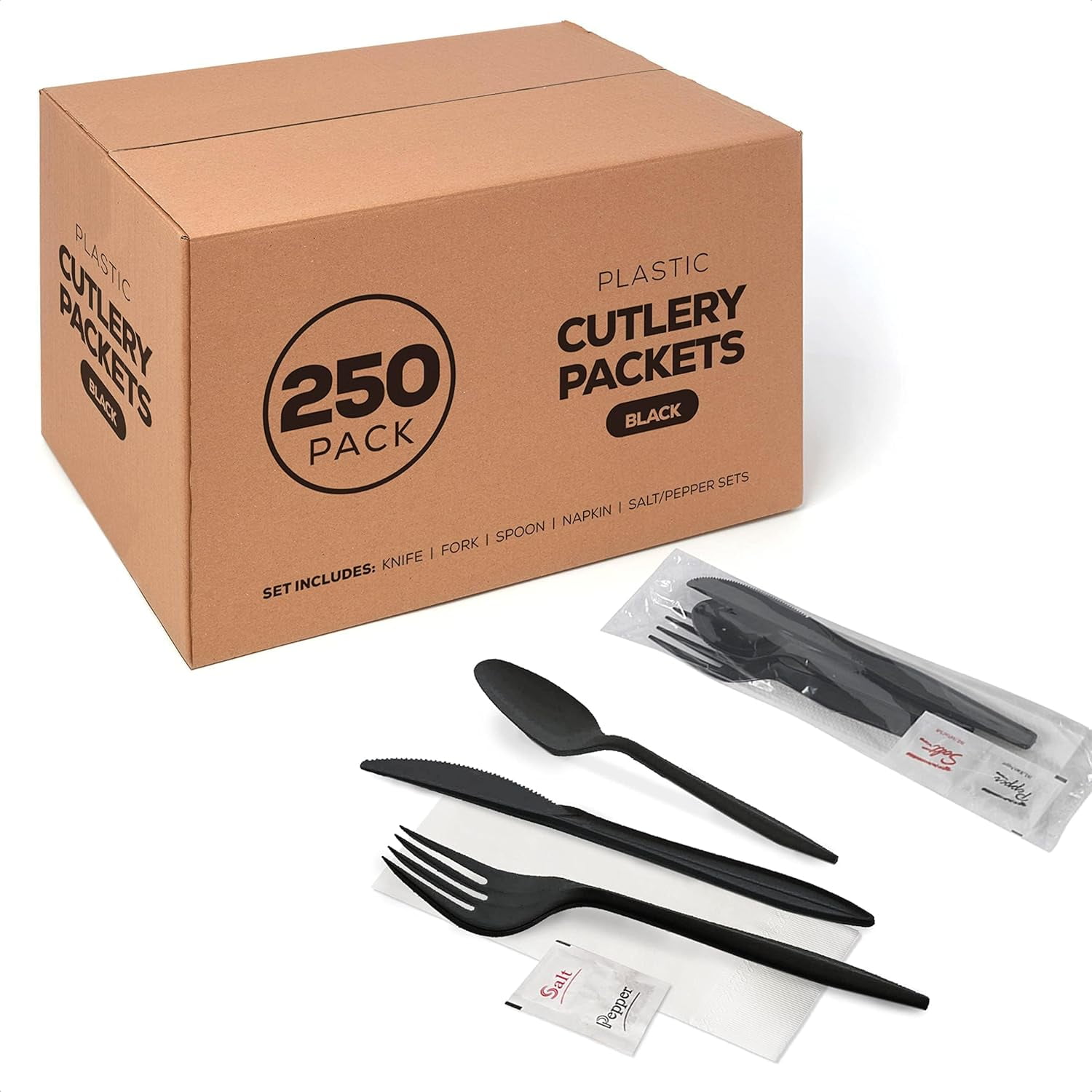 250 Plastic Cutlery Packets-Knife Fork Spoon Napkin Salt Pepper Sets|Black Silverware Sets ...