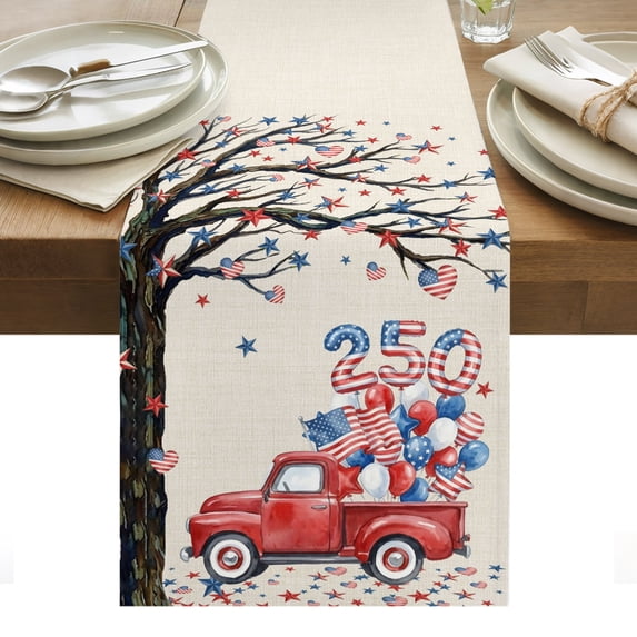 250 Red Truck 4th of July Table Runner Branches American Flag ...