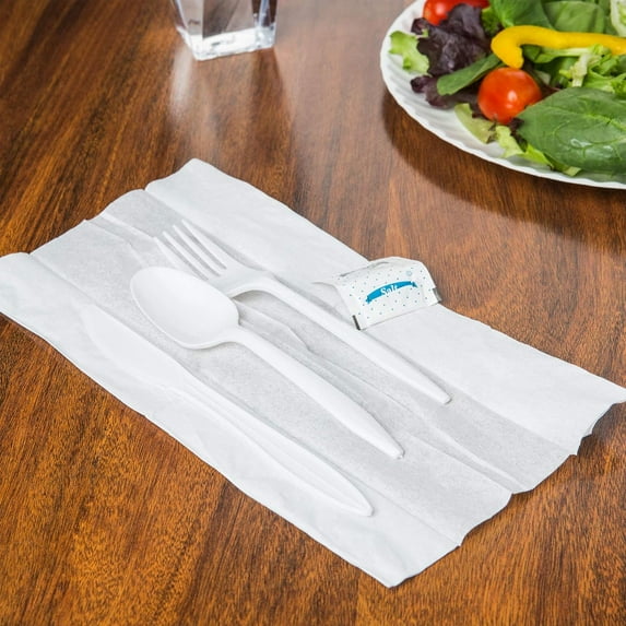 250 White Plastic Cutlery Packets - Knife, Fork, Spoon & Napkin Sets ...