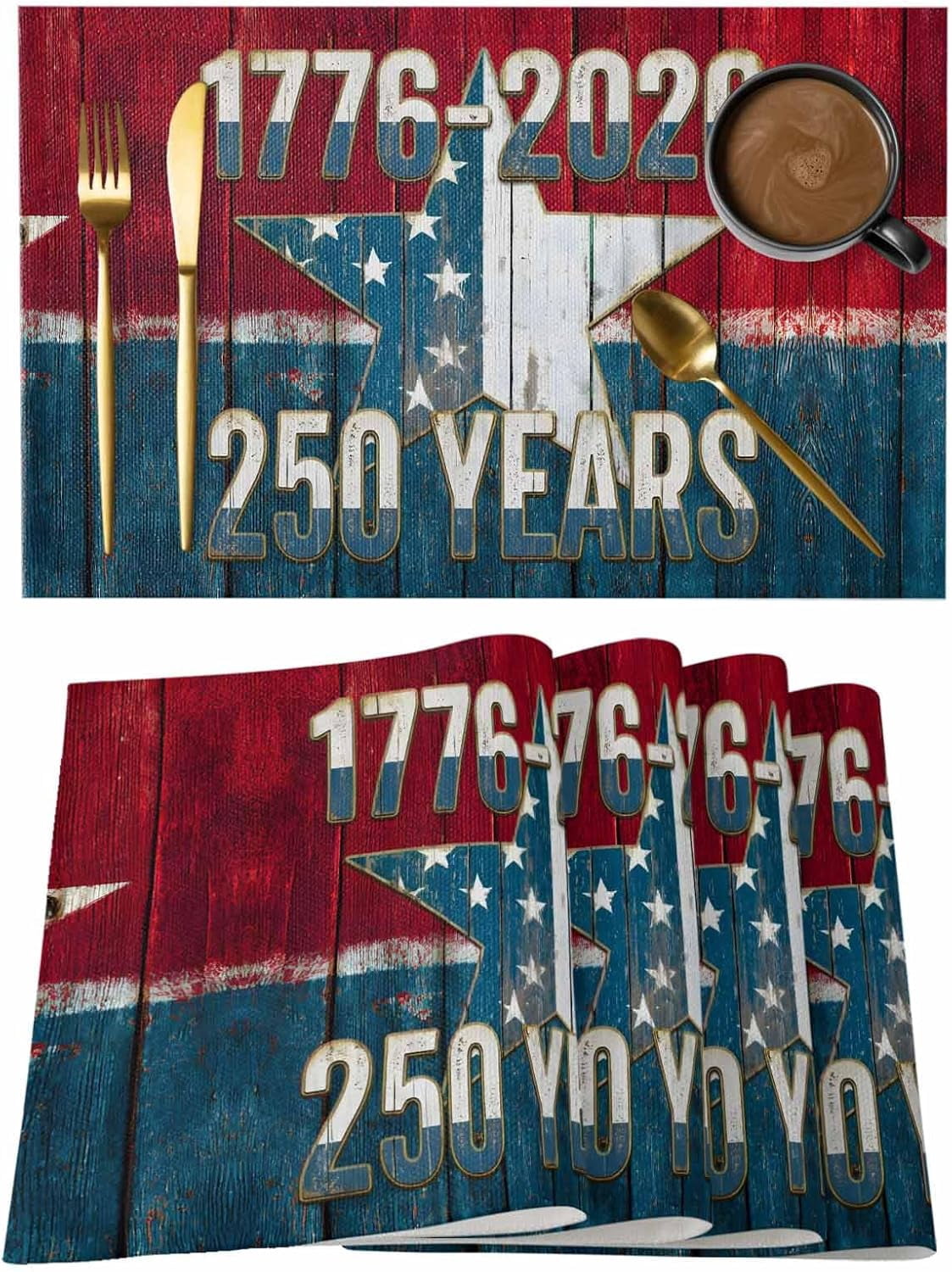 250 Year American Anniversary Placemats Set of 6 Retro Teal Red Star ...