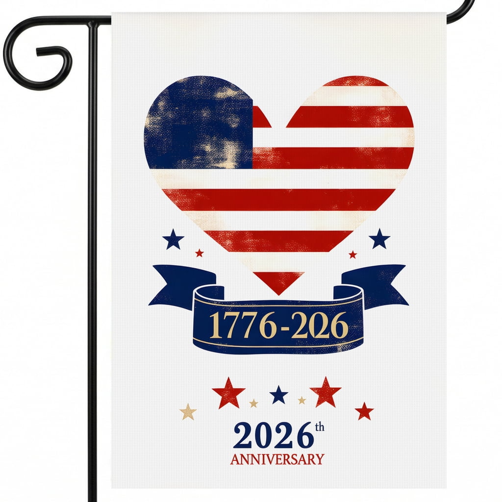 250 Years America Garden Flag Heart American flag ribbon 1776-2026 USA ...