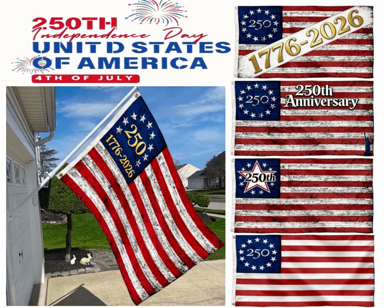 250 Years American Flag, 3x5 Ft, USA Anniversary Patriotic Design, 1776 ...