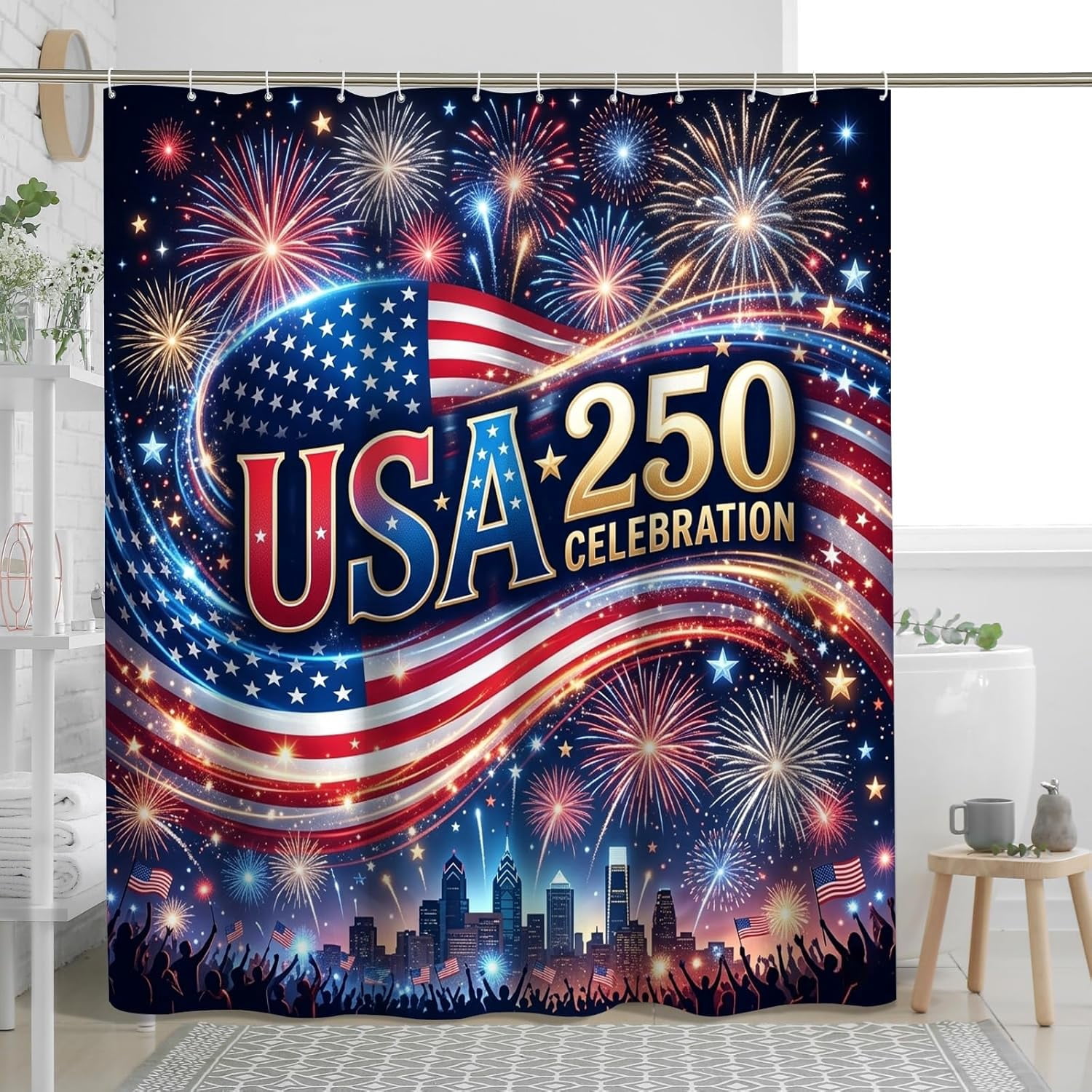 250 Years Anniversary Fireworks Shower Curtain, Vintage American Shower ...