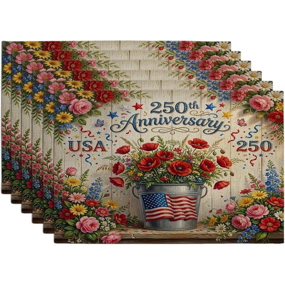 250 Years Anniversary Poppies Placemats Set of 6, 12''''x18'''', 4th of ...
