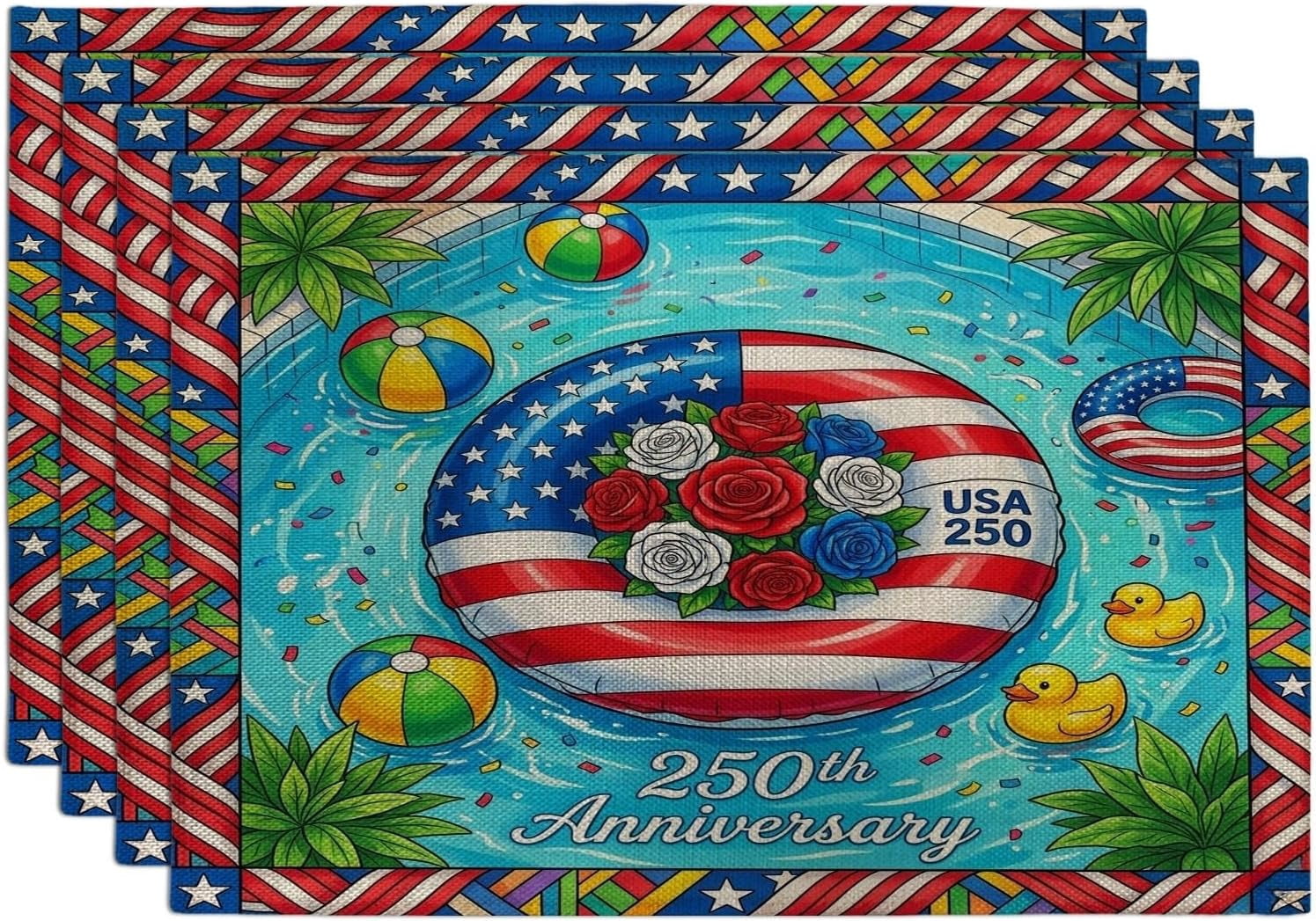 250 Years Anniversary Roses Placemats Set of 4, 12x18 Inch, 4th of July ...