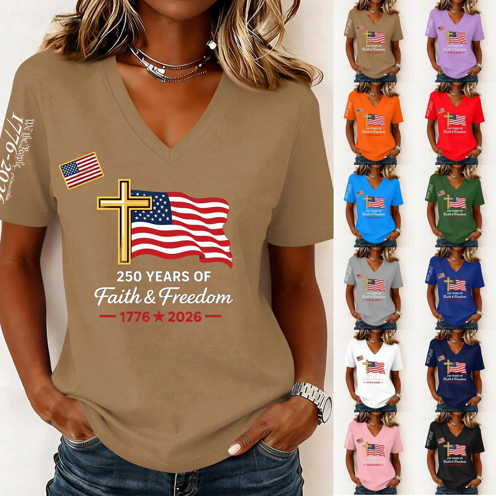 250 Years of Faith & Freedom V-Neck T-Shirt for Women, Patriotic Cross ...