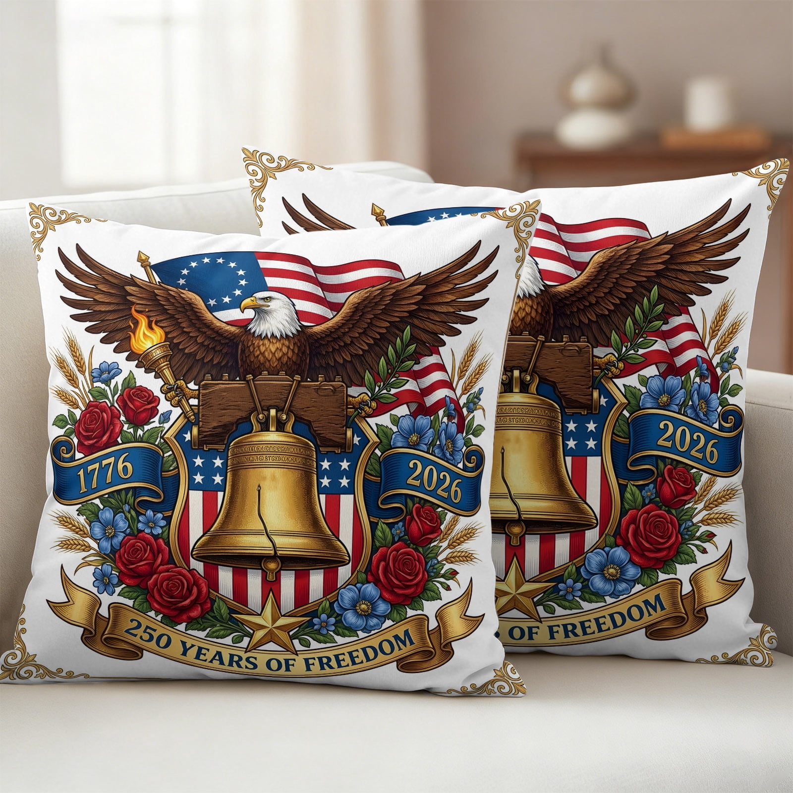 250 Years of Freedom Pillow Covers 2 Pack Bald Eagle Bell Flower ...