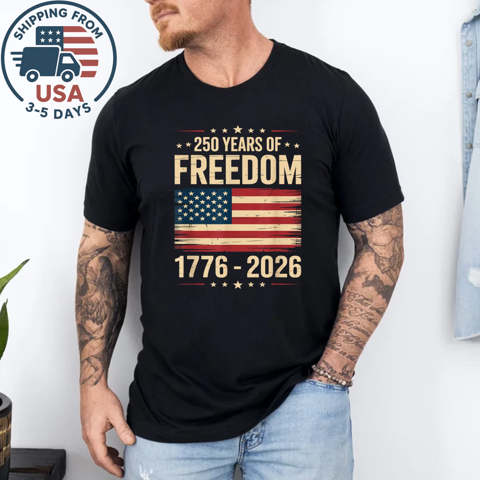 250 Years Freedom USA Flag 1776-2026 Vintage Patriotic Graphic T-Shirt ...