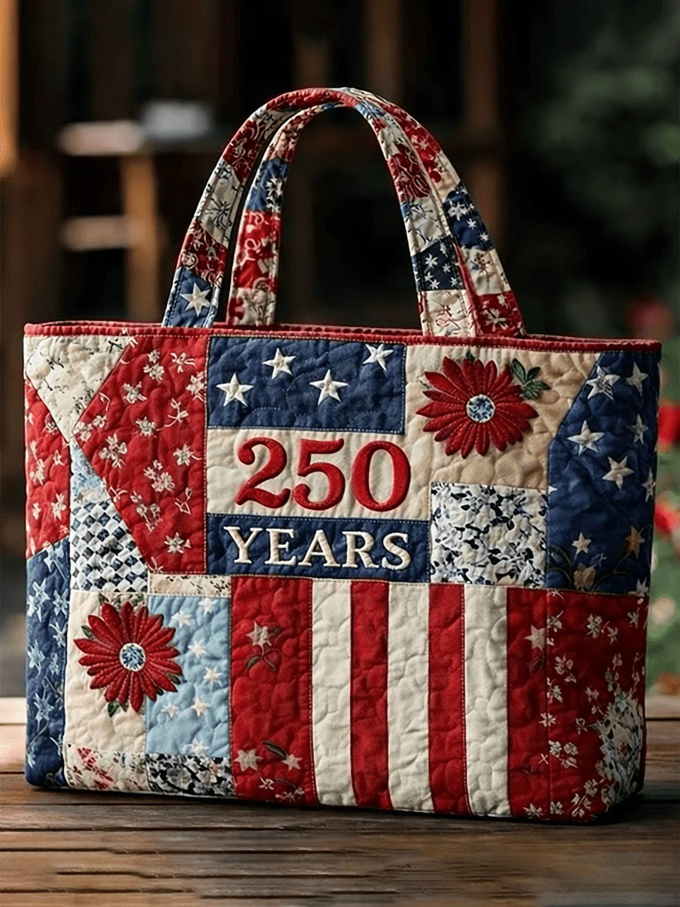 250 Years Patriotic Quilted Tote Bag, American Flag Patchwork Floral ...