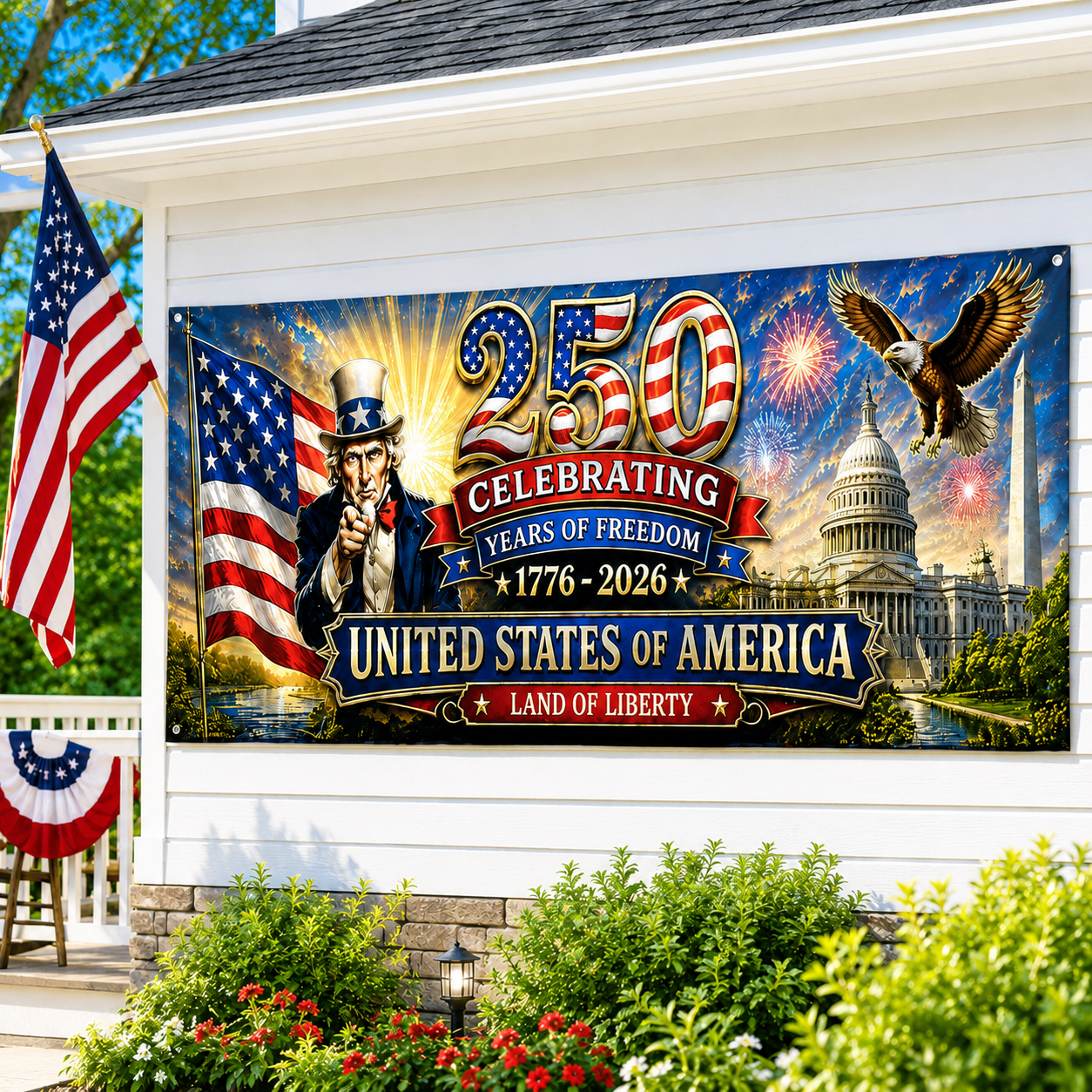 250 Years of Freedom USA Banner 1776 2026 Patriotic American Eagle Flag ...