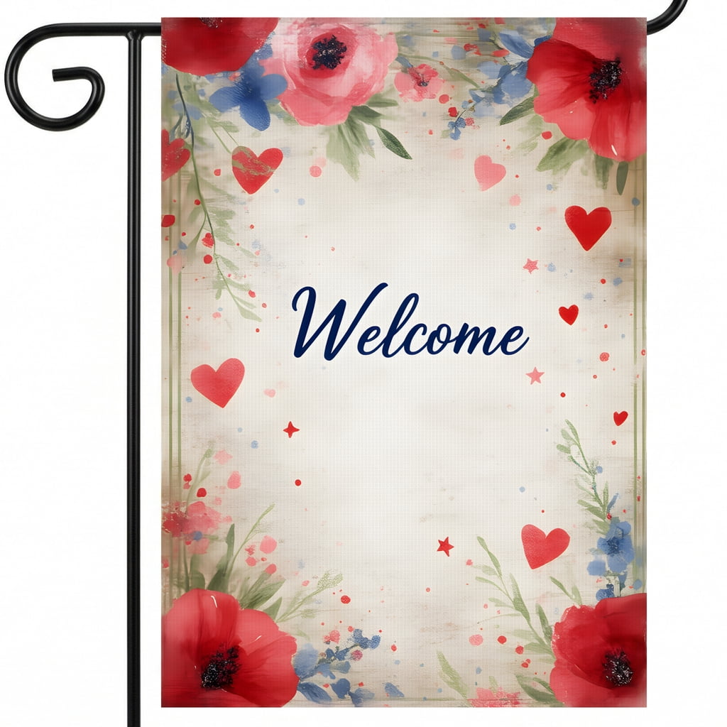 250 anniversary garden flag A welcome sign with red and blue flowers ...