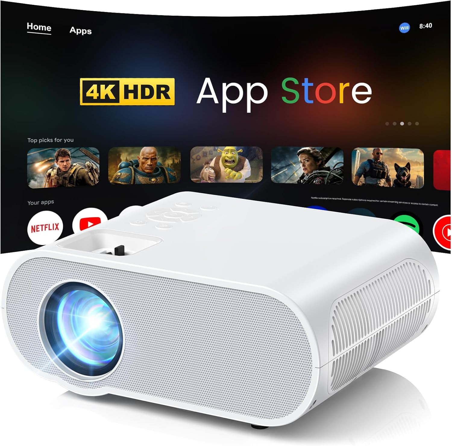 2500 ANSI Smart Projector, 4K Projector with WiFi and Bluetooth, Mini ...