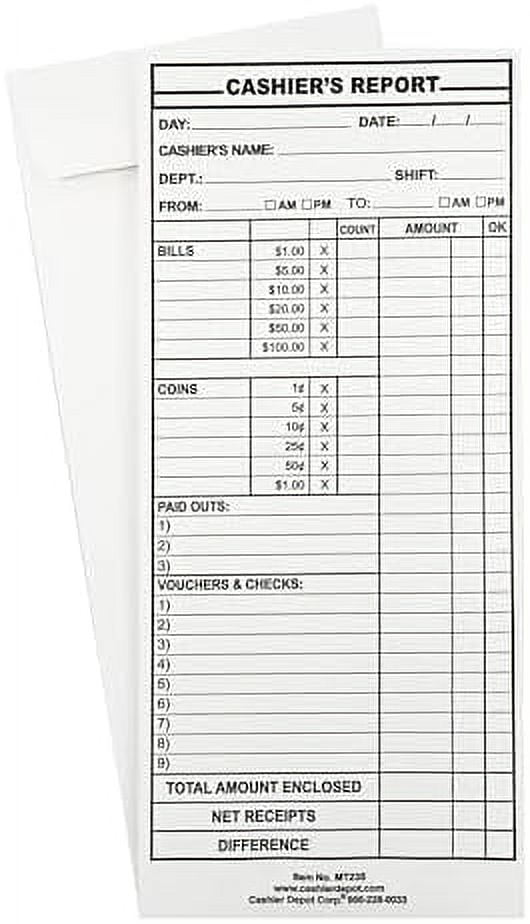 2500 Cashier Depot MT235 Cashier's Report Envelope, 4 1/2" x 10 3/8 ...