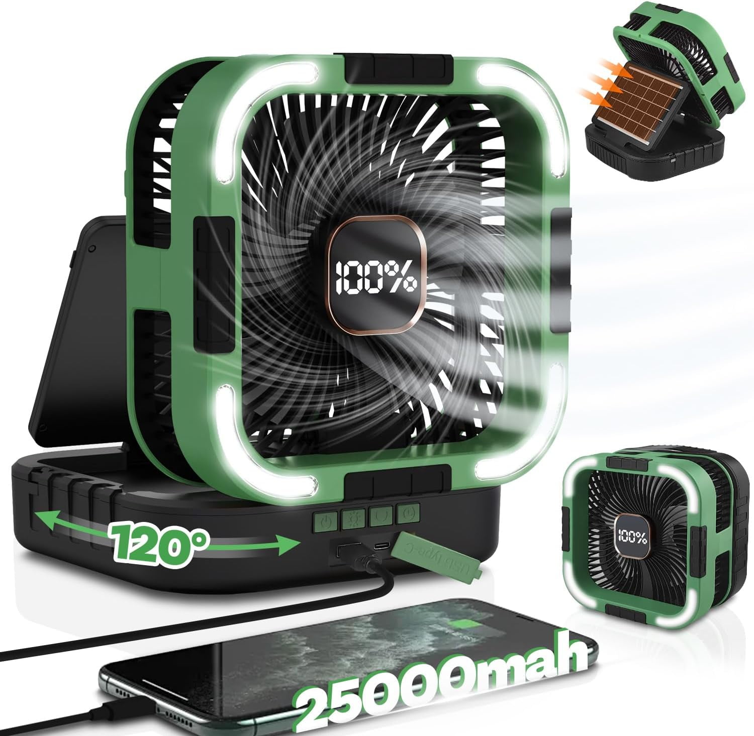 25000mah Camping Solar Fan, 120° Oscillation Rechargeable Solar Powered ...