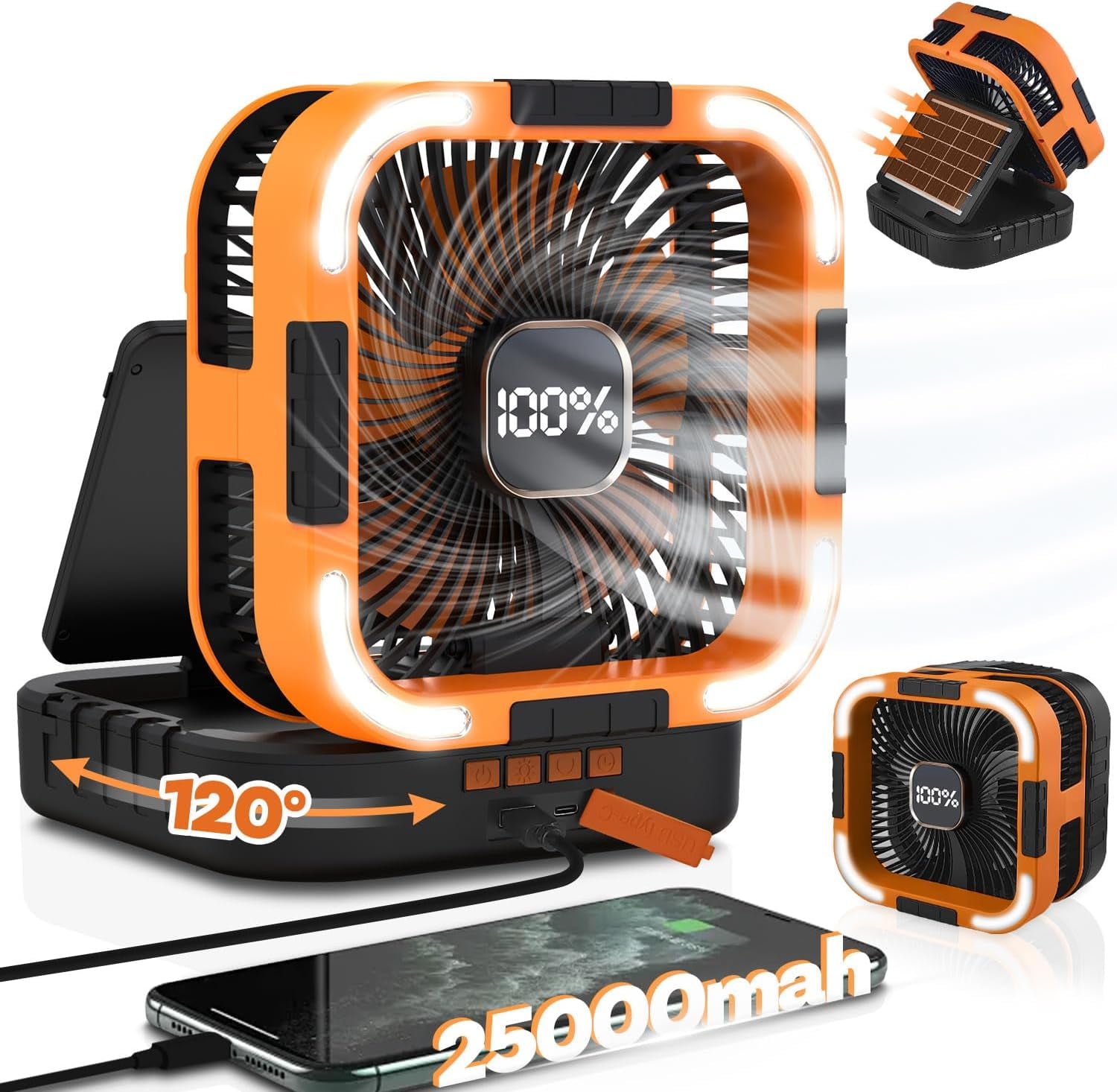 25000mah Camping Solar Fan, 120° Oscillation Rechargeable Solar Powered ...