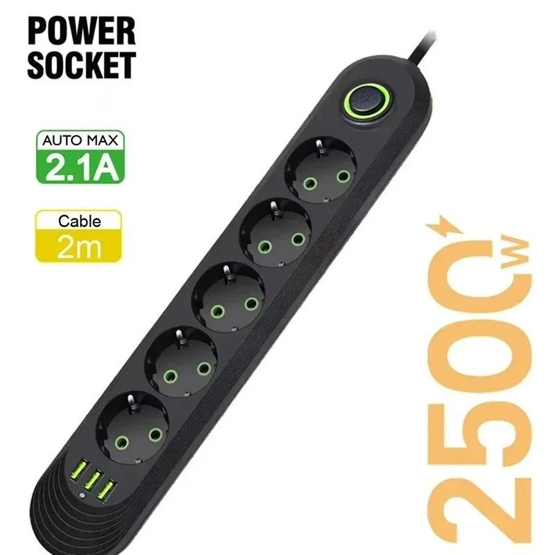 2500W EU plug AC outlet multitap power strip 2m extension cord ...