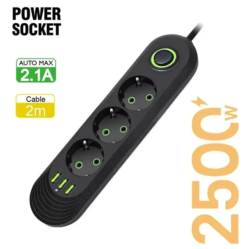 2500W EU plug AC outlet multitap power strip 2m extension cord ...