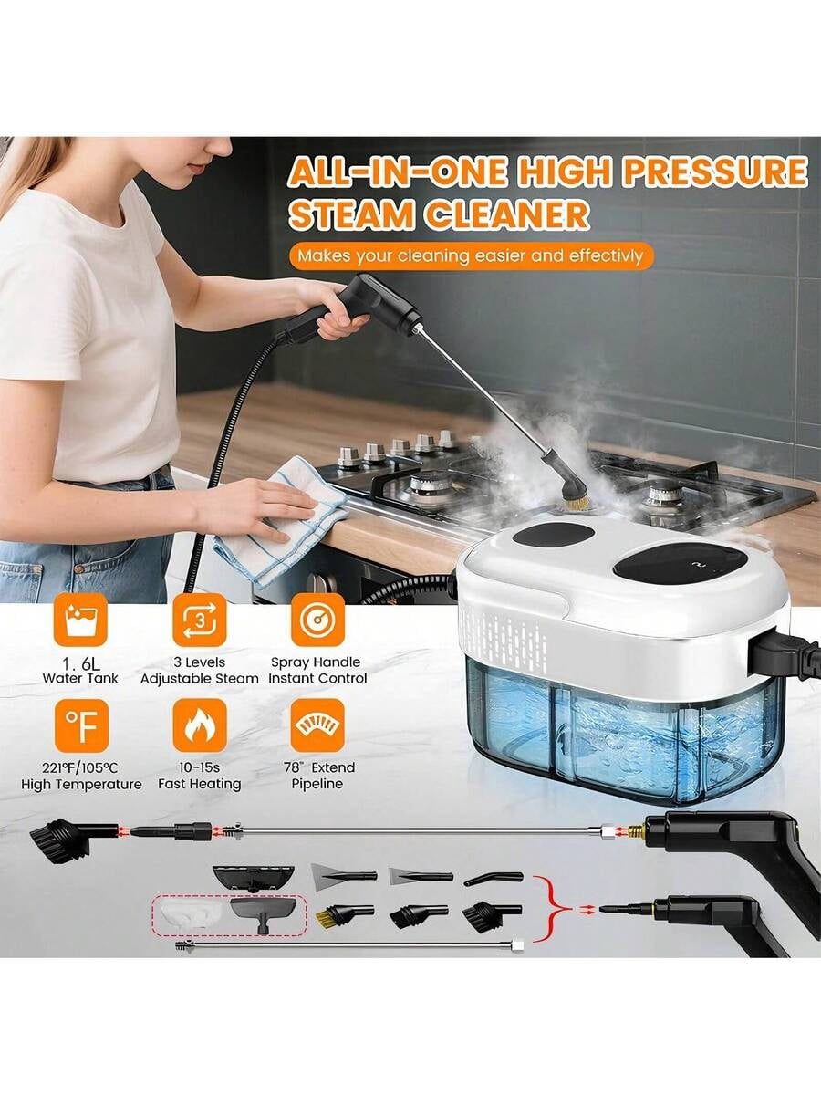 2500W High-Power Handheld Steam Cleaner with 21 Accessories, 1.6L Water ...