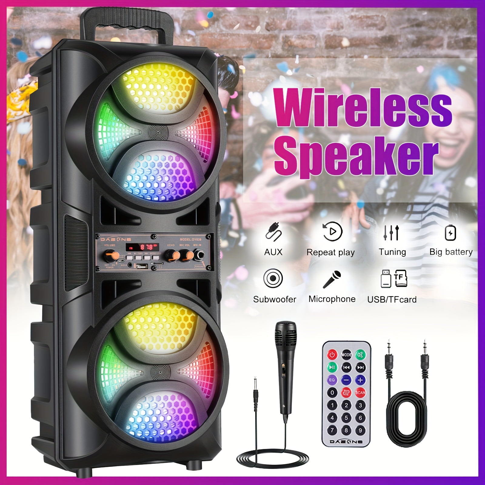 2500W Portable Wireless PA Speaker System - Dual 3'' Subwoofers, 33ft ...