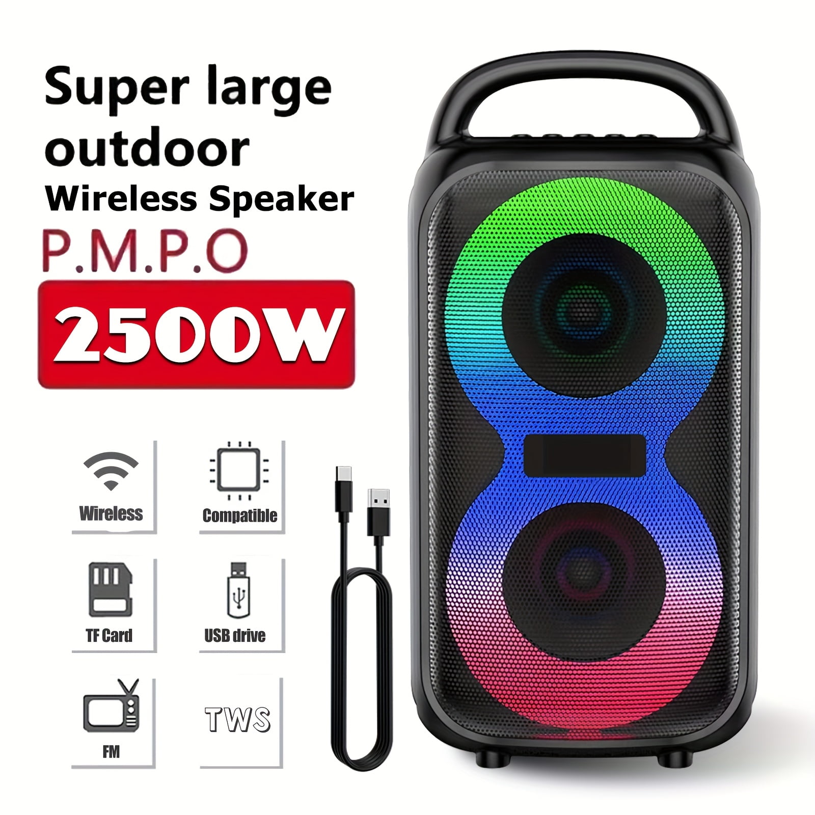 2500W Portable Wireless Party Speaker with Handle, Powerful Stereo ...