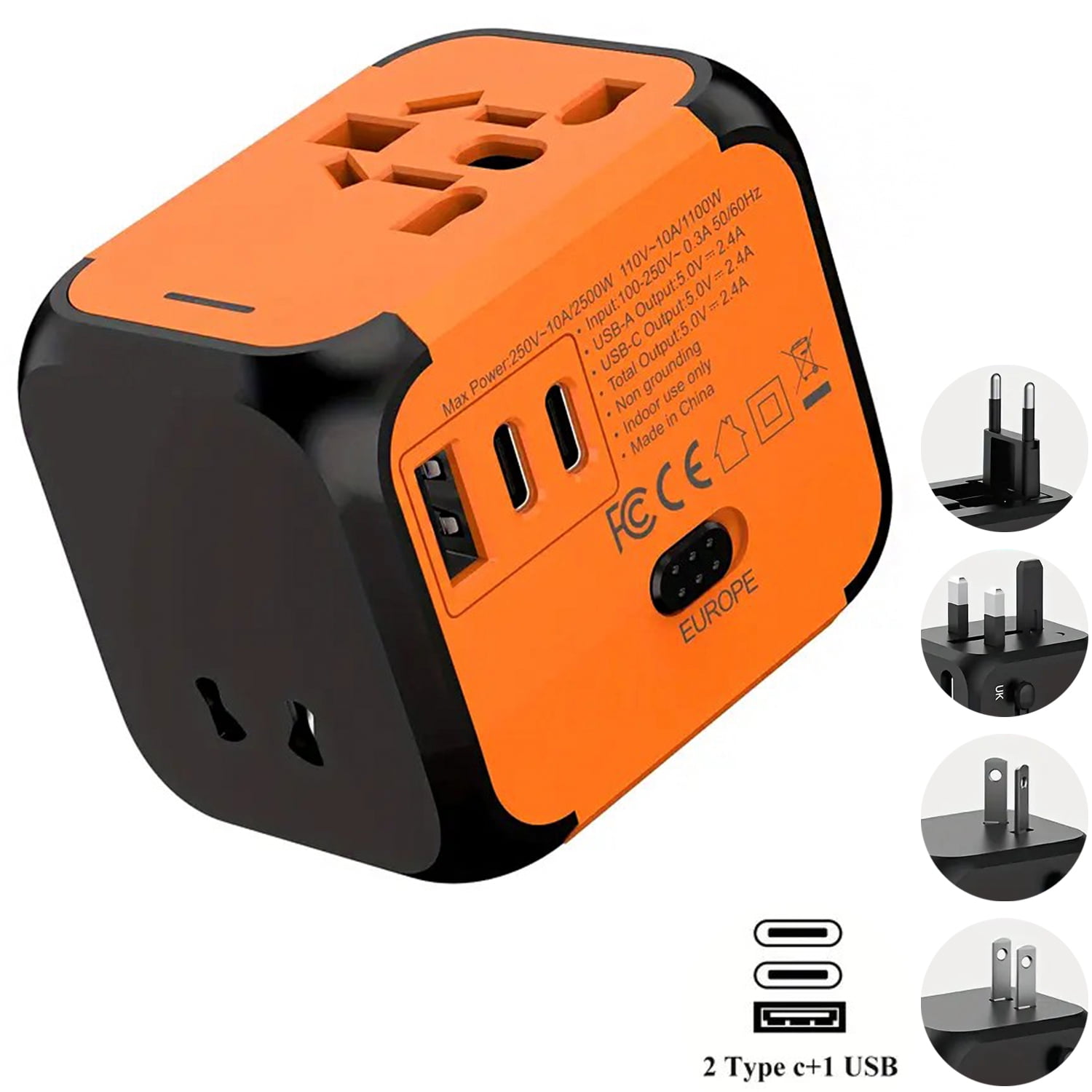 2500W Universal Travel Adapter with Dual Type-C & USB-A Ports,Compact ...